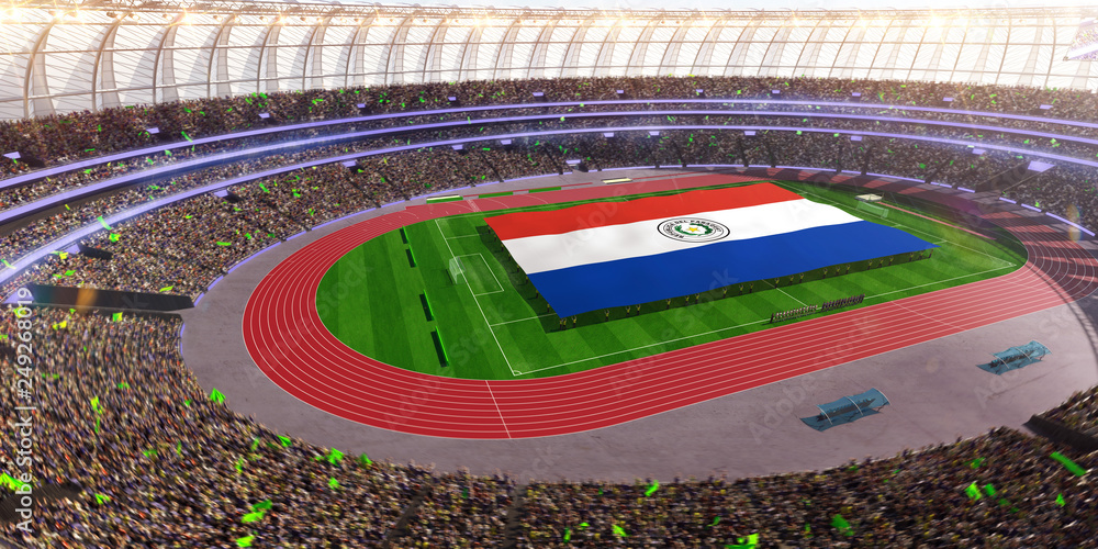 people hold Paraguay flag in stadium arena. field 3d photorealistic ...