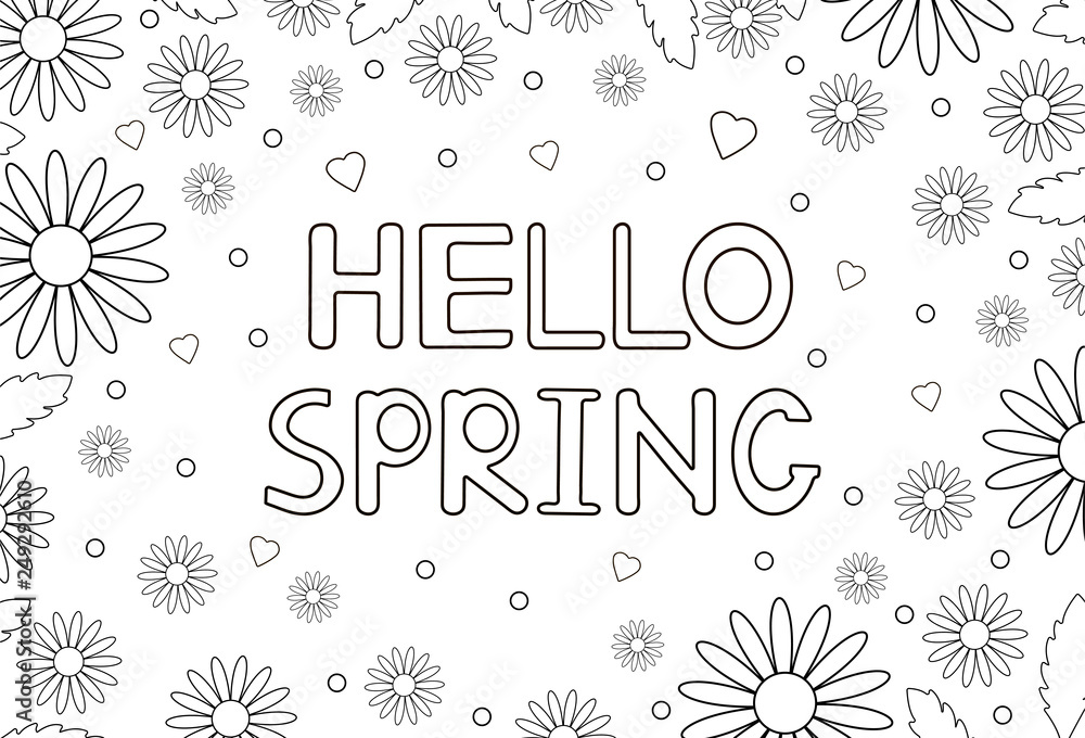 Hello spring card with flowers and hearts. coloring page. Stock Vector ...