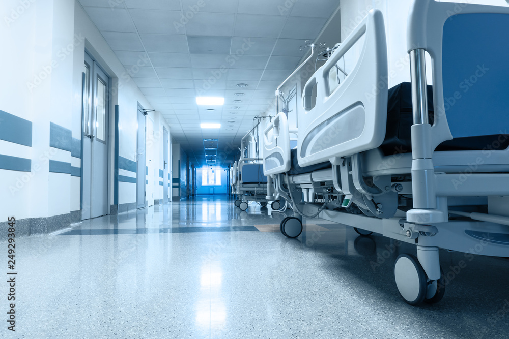 Long corridor in hospital with surgical transport. Stock Photo | Adobe ...