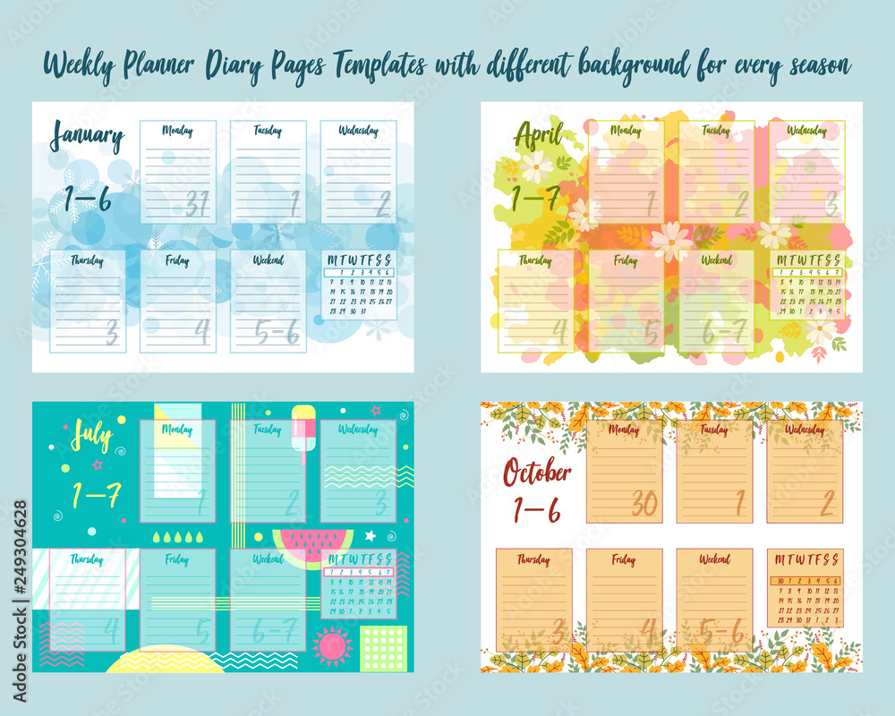 Weekly planner diary with abstract winter, spring, summer and autumn ...