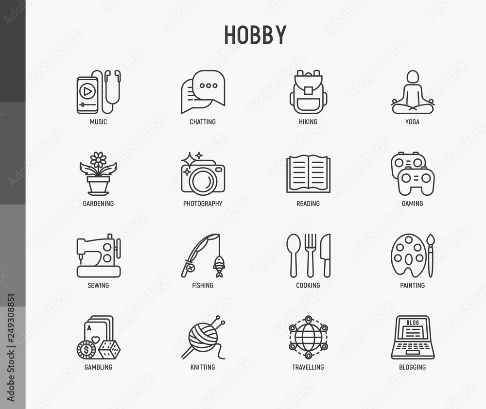 Hobby thin line icons set: reading, gaming, gardening, photography ...