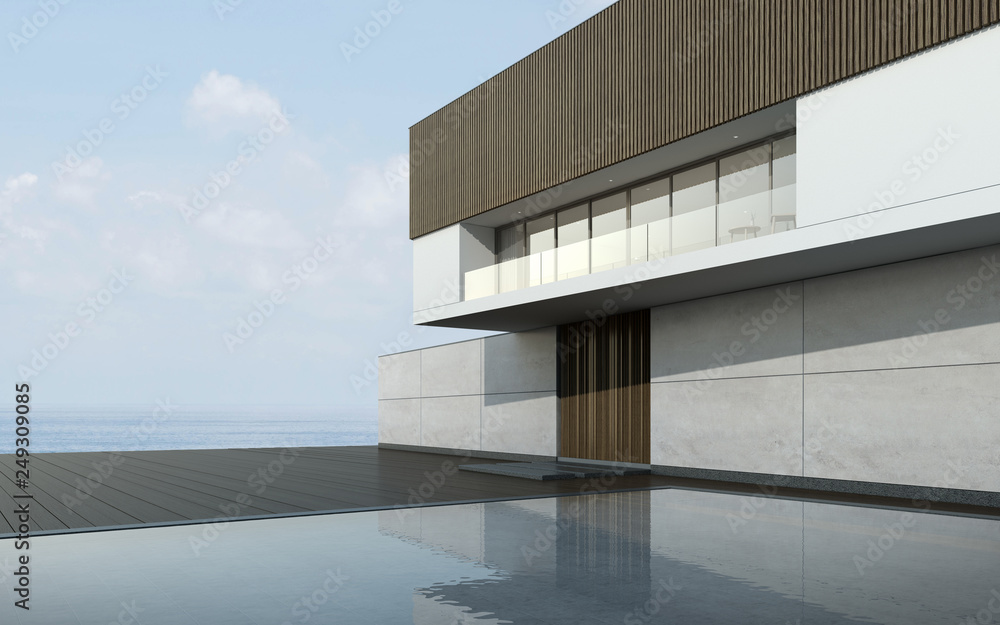 Perspective of modern building with terrace and swimming pool on sea ...