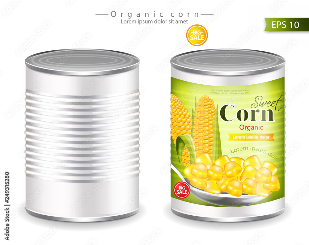 Metallic canned corn Vector realistic. Product placement. Label design ...