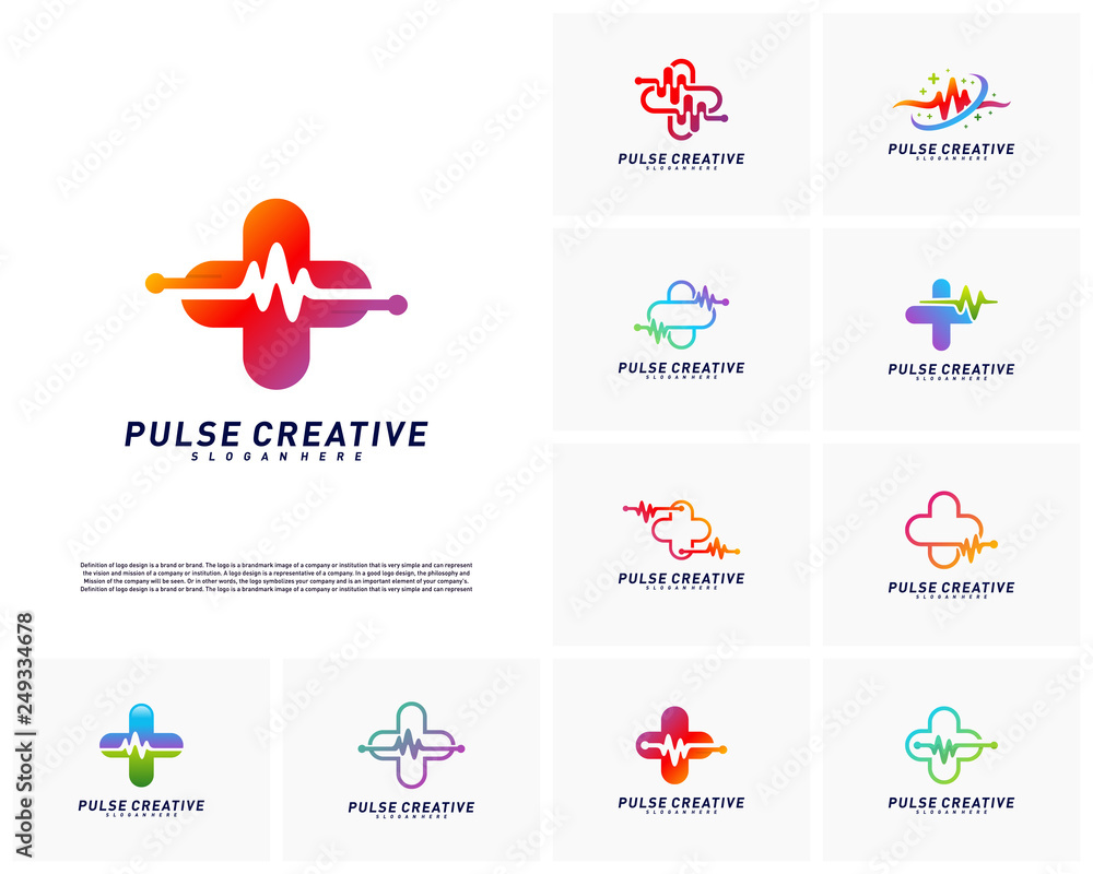 Set of Plus Medical Pulse logo design concept. Healthcare Pulse logo ...