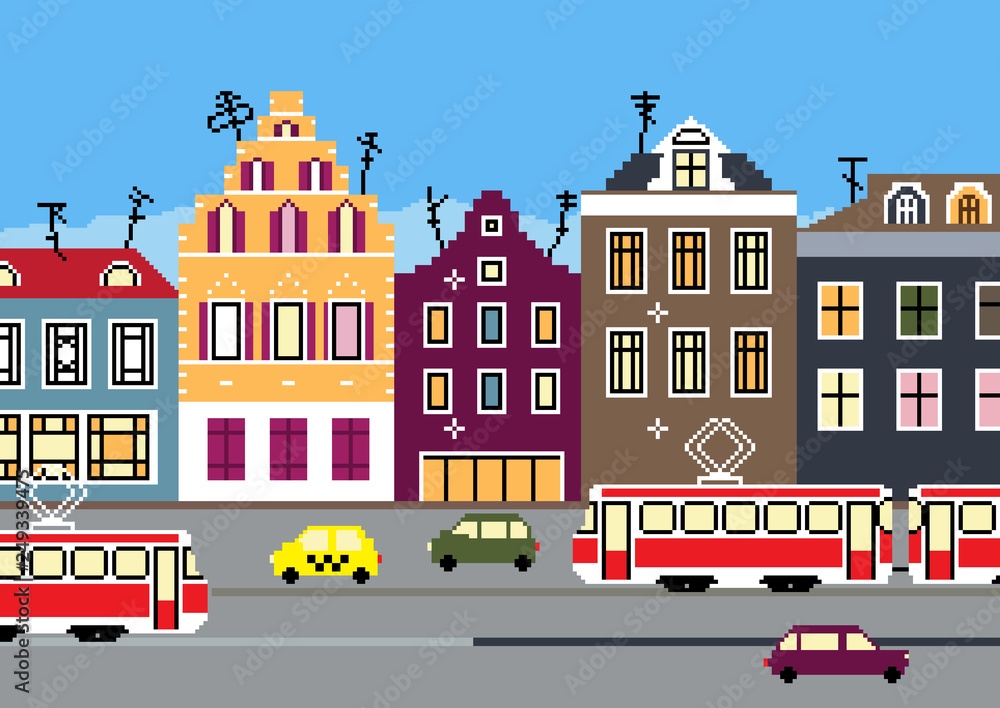 Flat vector cartoon style illustration of urban landscape road with ...