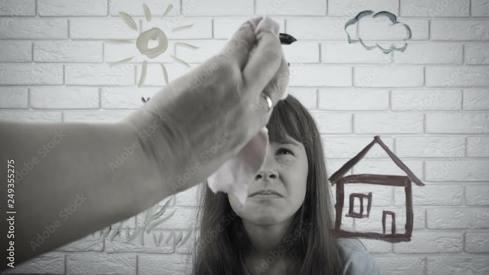 World without war. Crying little girl against the background of a ...