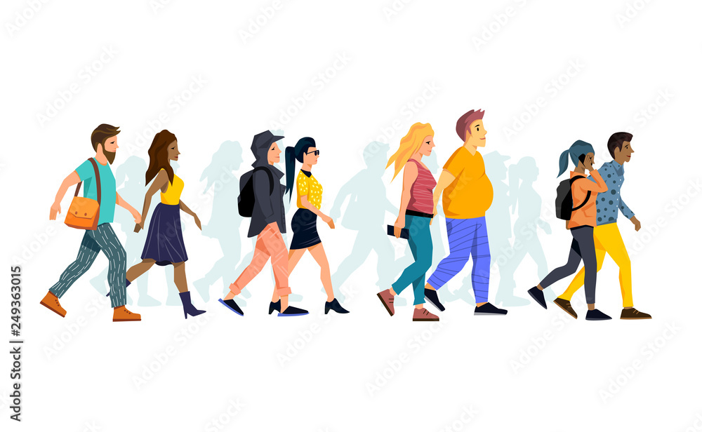 A collection of young couples walking together. Vector people ...