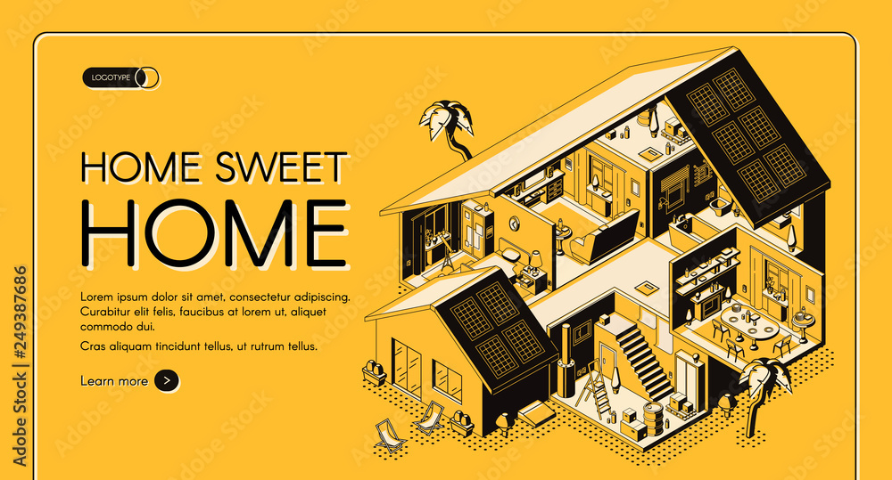 House construction company isometric vector web banner. Modern cottage ...