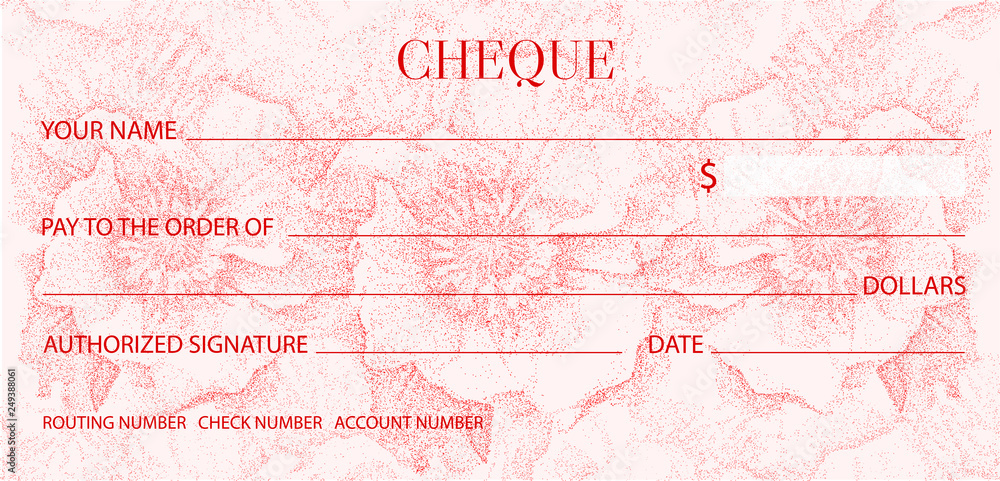 Cheque, Check template. Flower light pattern. Red floral watermark ...
