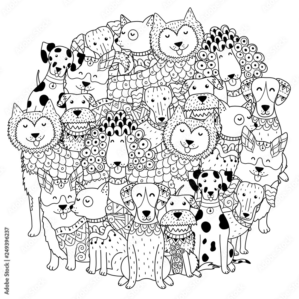 Funny dogs circle shape pattern for coloring book. Vector illustration ...