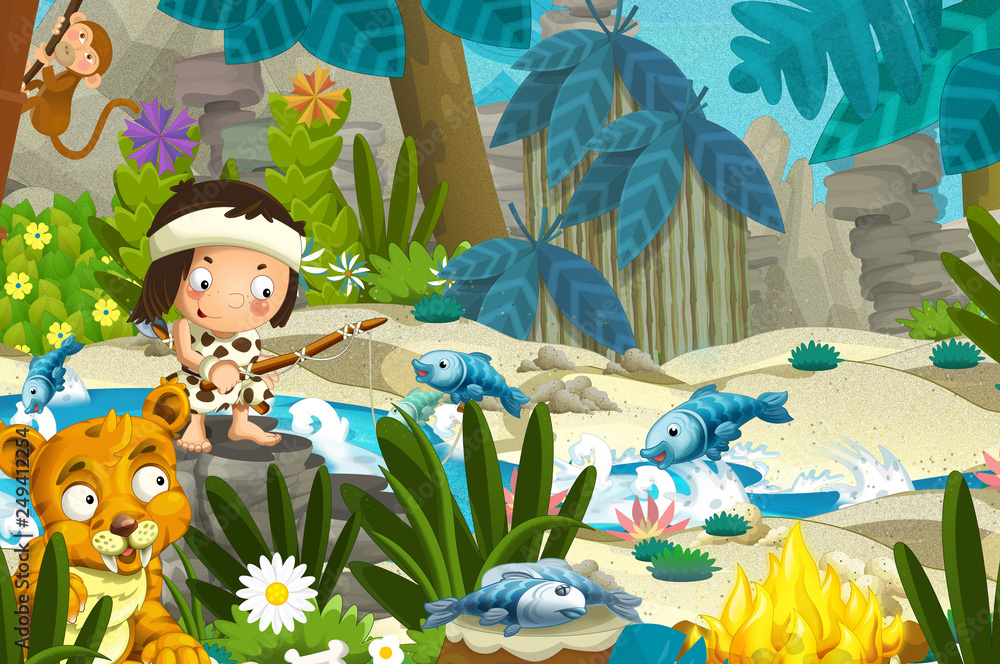 Cartoon scene with prehistoric fishermen near the river fishing and ...