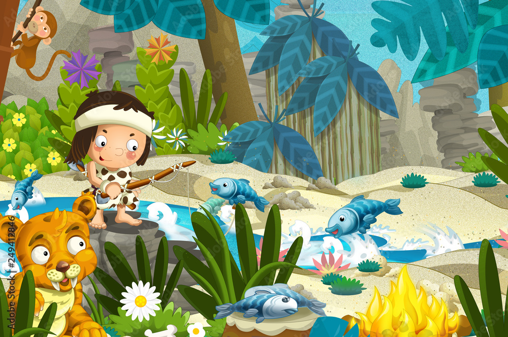 Cartoon scene with prehistoric fishermen near the river fishing and ...