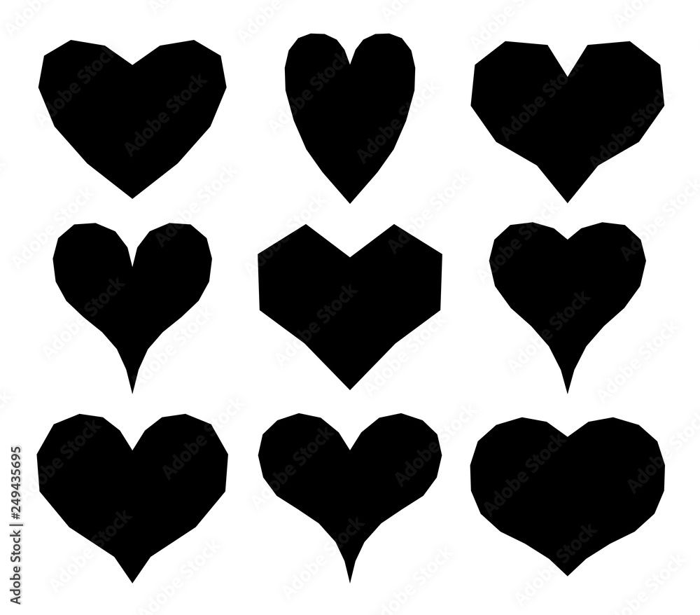 Set of nine simple angular heart illustrations in minimalism style ...