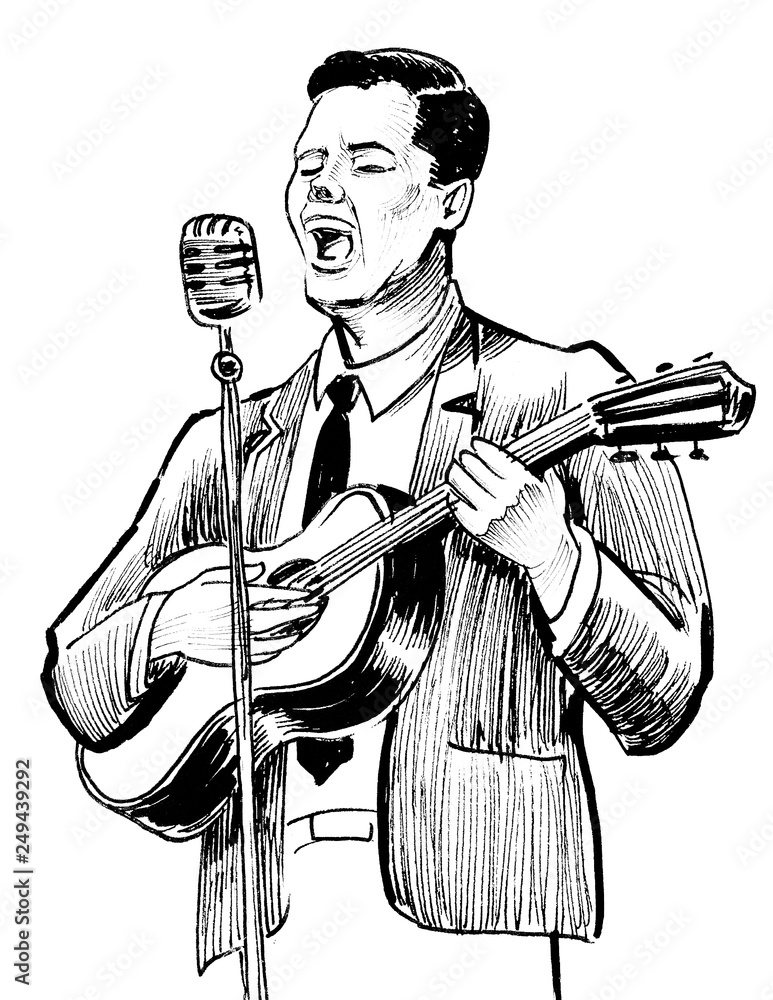 Ink black and white drawing of a young man playing a guitar and singing ...
