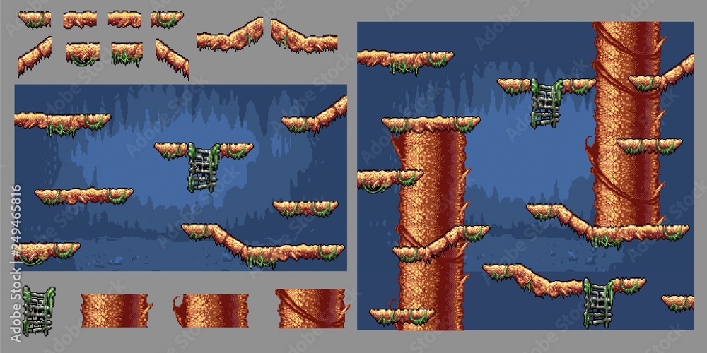platform forest tree game pixel art graphics kit, vector illustration ...
