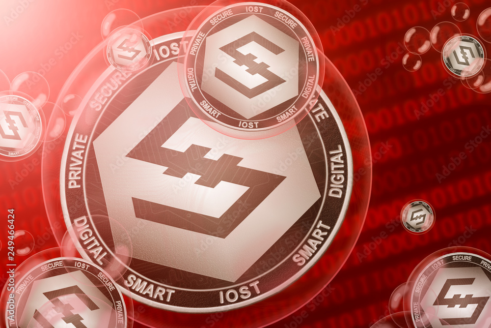 IOST crash; IOST coins in a bubbles on the binary code background ...