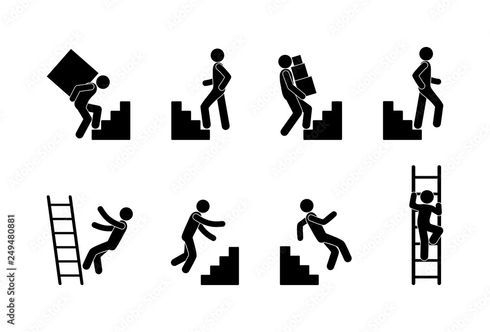 icon man walks up and down stairs, set of people silhouettes, stick ...