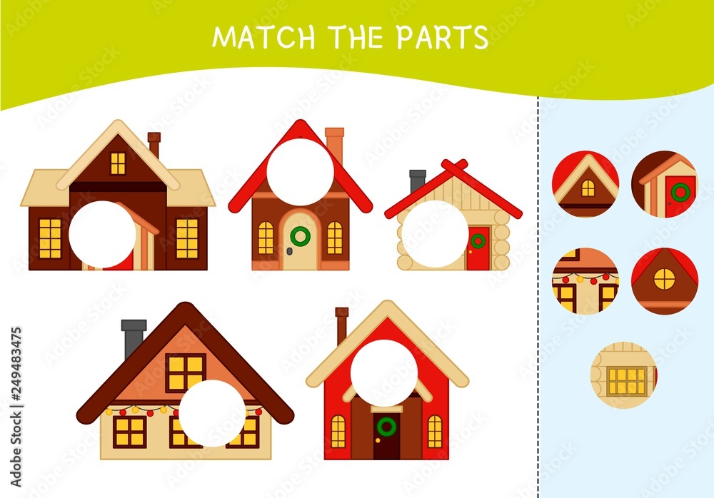 Matching children educational game. Match parts of houses. Activity for ...