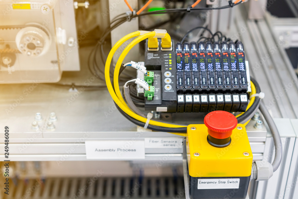 close up emergency stop switch of high performance automatic ...