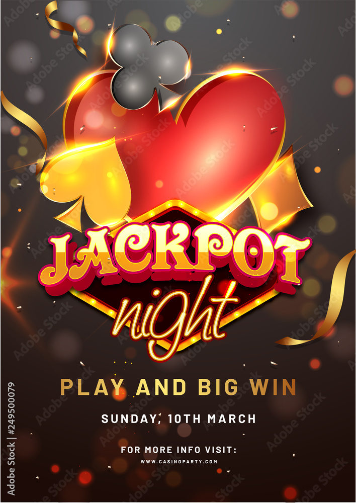 Jackpot Night template or flyer design with spade, heart, diamond and ...
