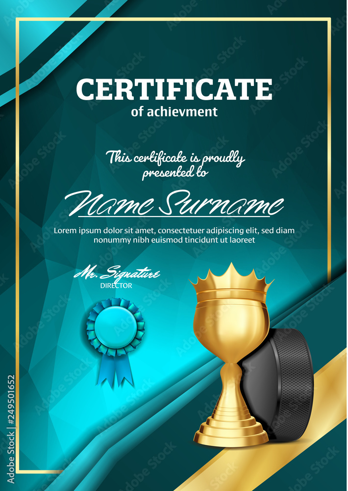 Ice Hockey Certificate Diploma With Golden Cup Vector. Sport Graduation ...