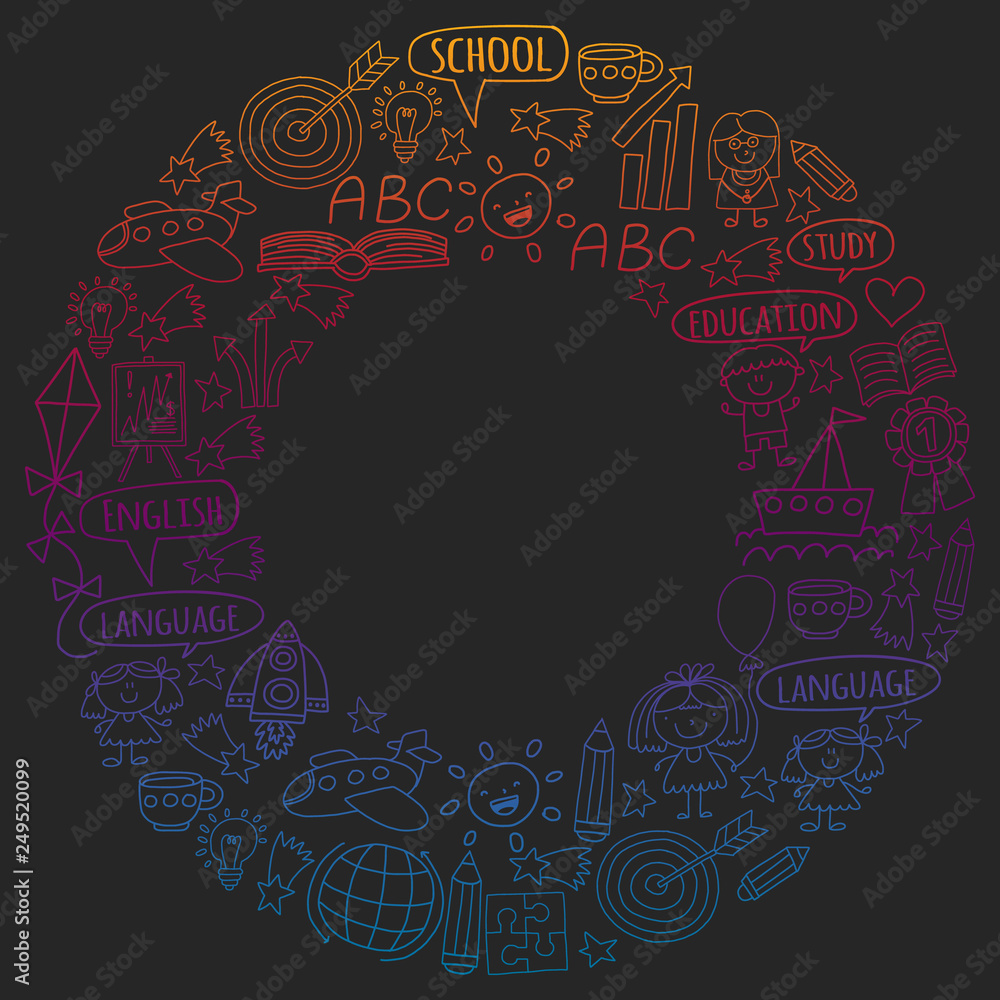 Vector set of learning English language, children's drawing icons in ...