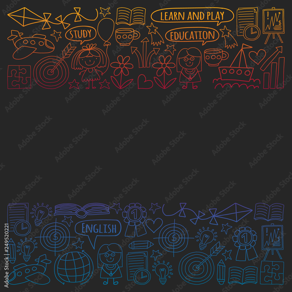 Vector set of learning English language, children's drawing icons in ...