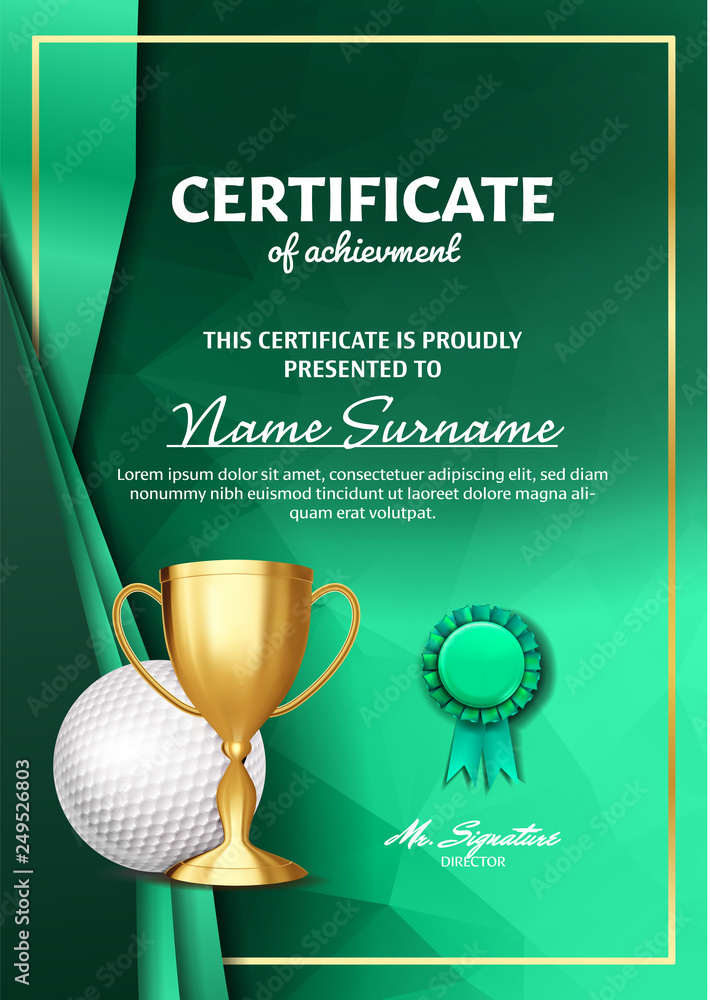 Golf Certificate Diploma With Golden Cup Vector. Sport Award Template ...