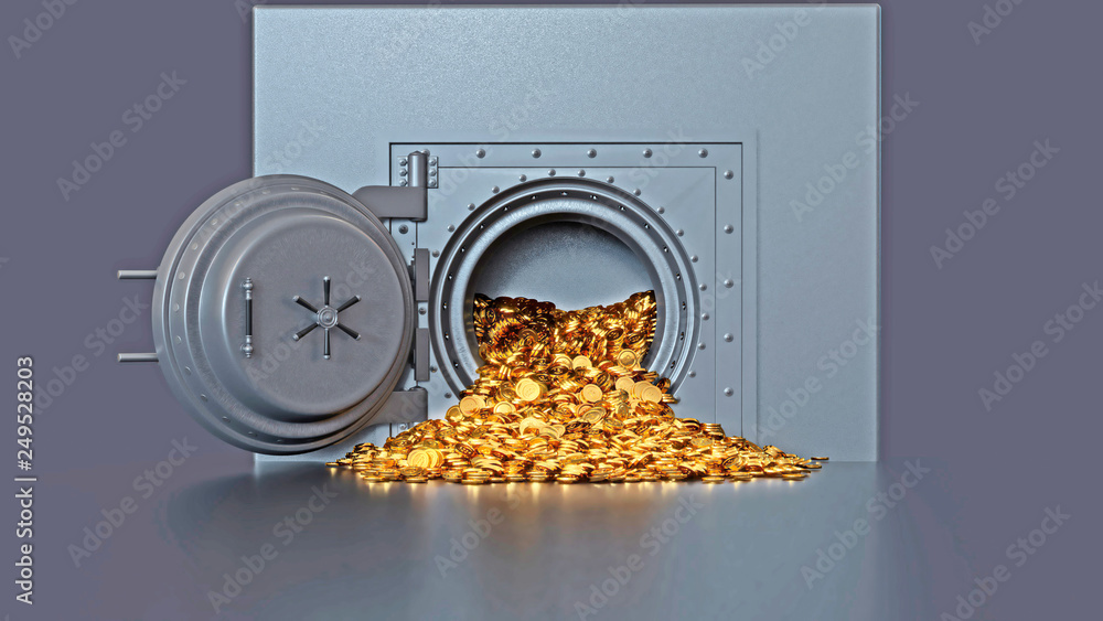 Bank vault door opening revealing a golden coin. Stock Illustration ...