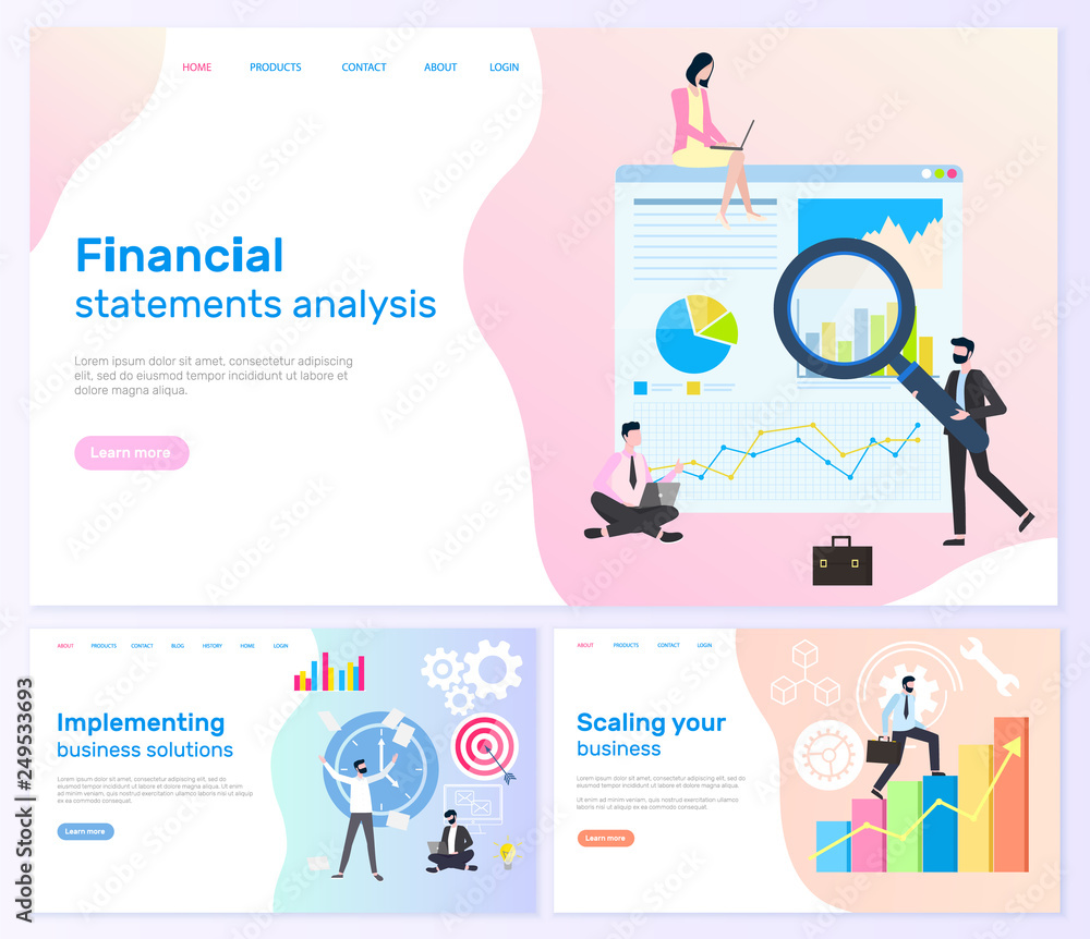 Scaling business and financial statistics websites set vector. Workers ...