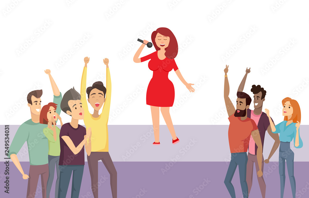 Woman singer standing on stage singing songs vector, performer with ...