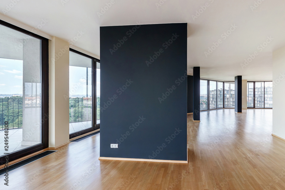 Modern white empty loft apartment interior with parquet floor with ...
