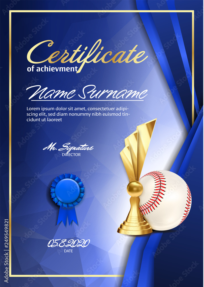 Baseball Certificate Diploma With Golden Cup Vector. Sport Award ...