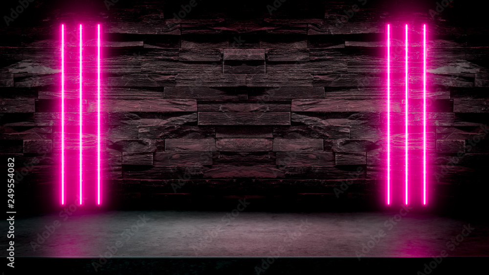 Empty dark stone table with pink fluorescent neon lights. Party and ...