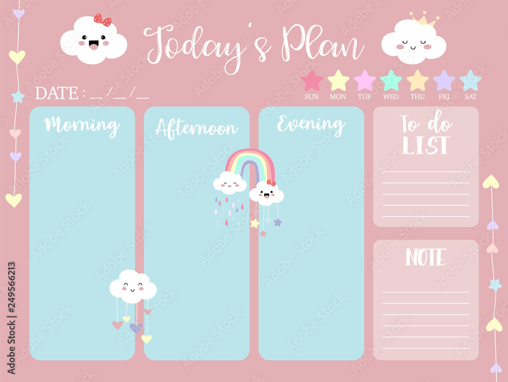 Pastel weekly planner with cloud,rainbow,heart and star Stock Vector ...