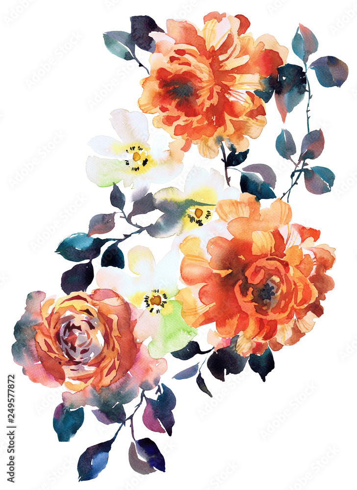 Bright watercolor floral drawing. Hand drawn opulent blossom roses with ... Bright watercolor floral drawing. Hand drawn opulent blossom roses with ...