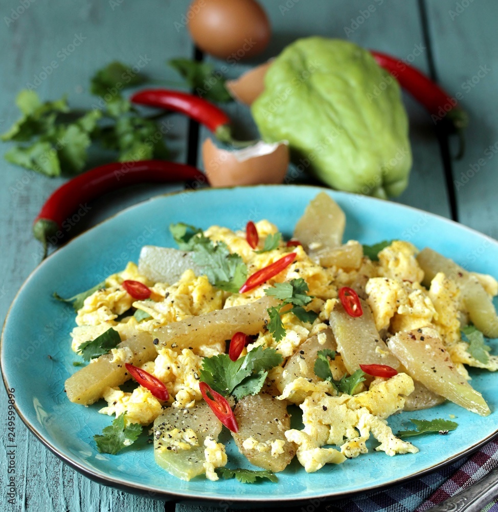 egg chayote in mexican style. whipped eggs are fried with chopped ...