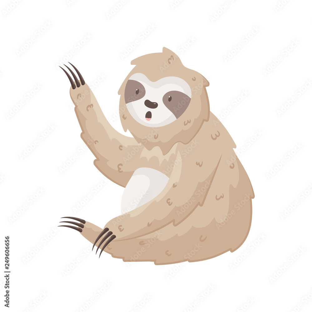 Cute sloth waves paw hello sitting on the ground. Cartoon with animal ...