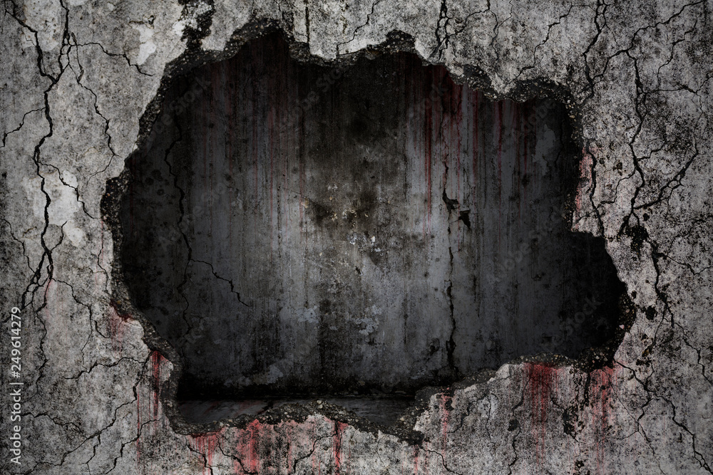 Bloody background scary on damaged grungy crack and broken concrete ...
