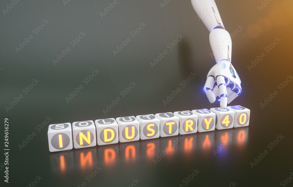 cyborg robot hand shows industry 4.0 sign - ai concept - 3d rendering ...