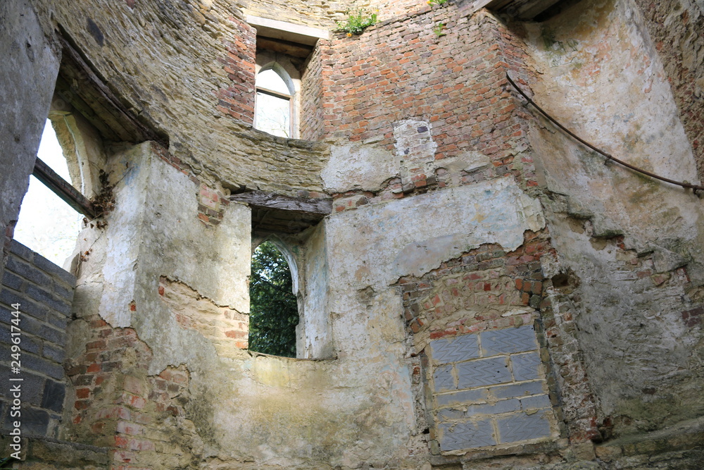 Inside curved wall of a roundhouse in the English countryside. Inside ...
