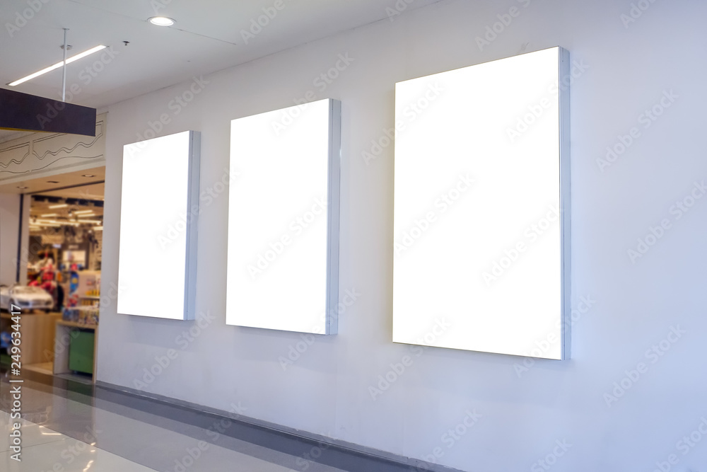 Three mock up the white screen billboard in Department store. Stock ...