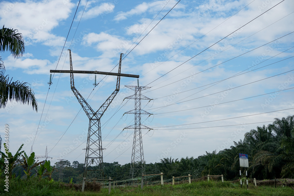 View transmission towers (power tower, electricity pylon, steel lattice ...