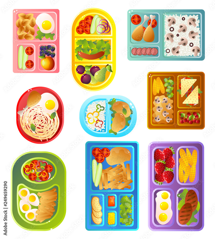 Collection of School Lunch Trays of Different Colors, Healthy Nutrition ...