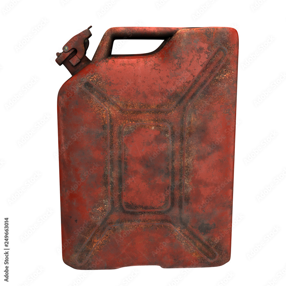 fuel canister red rusty on an isolated white background. 3d ...