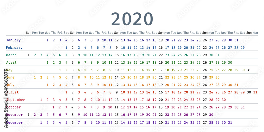 2020 calendar linear. Vector. Yearly calendar organizer. Stationery ...