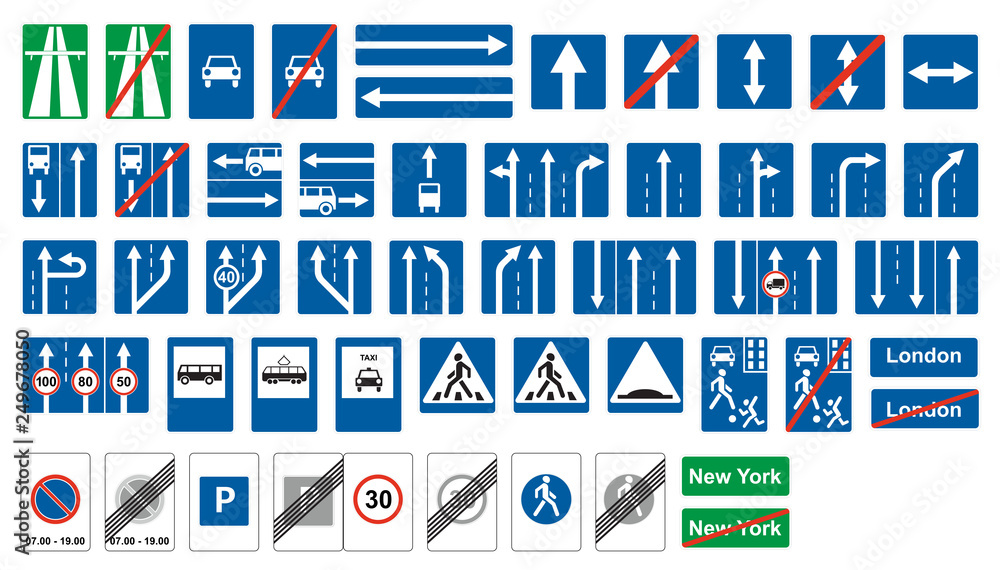 Road highway signs. Obligatory and informatory traffic signs. Stock ...