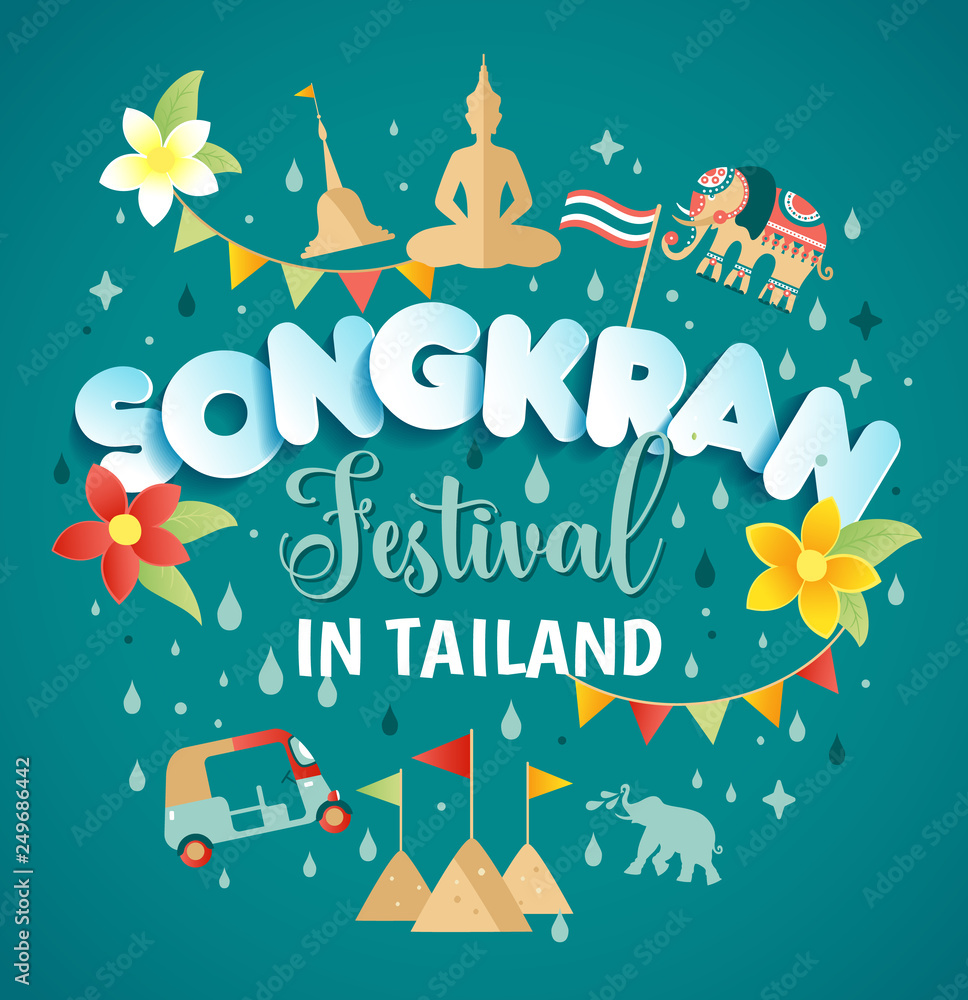 Songkran Festival in Thailand of April, paper style lettering, on ...