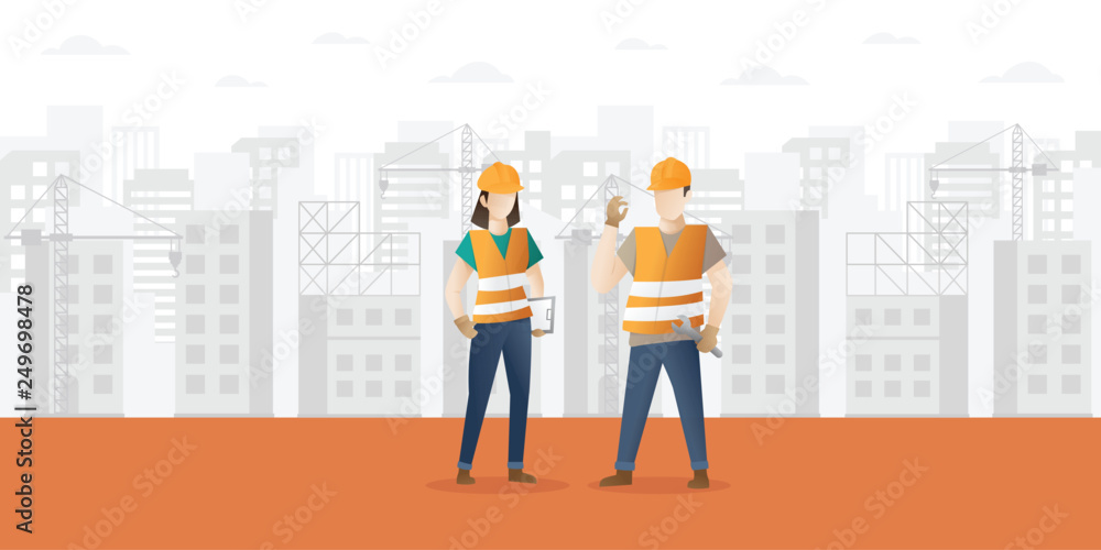 Building and construction industry cartoon background with workers ...