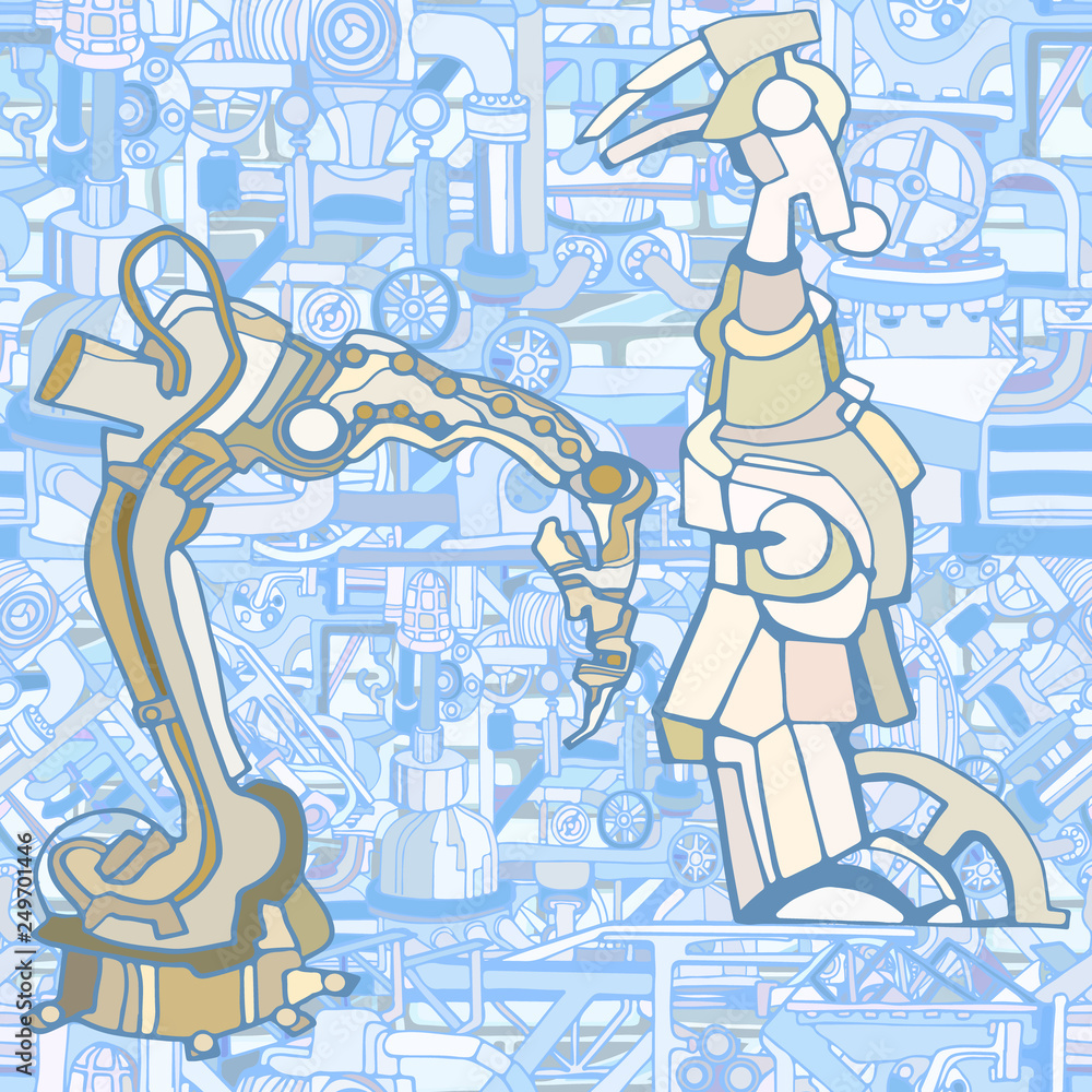 Vector seamless pattern. Abstract background with robotic arms and ...